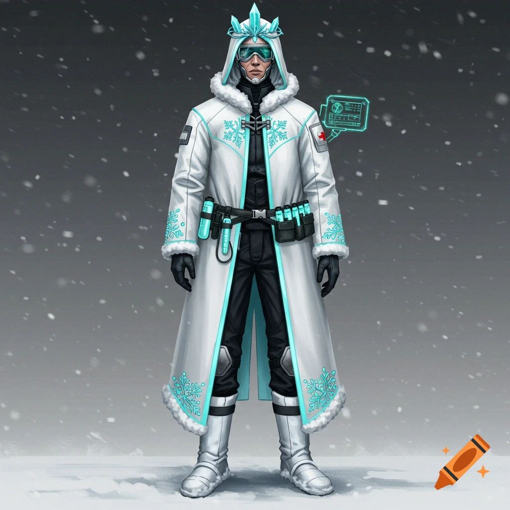 A character in a large purple fur coat and hat stands in a snowy forest ...