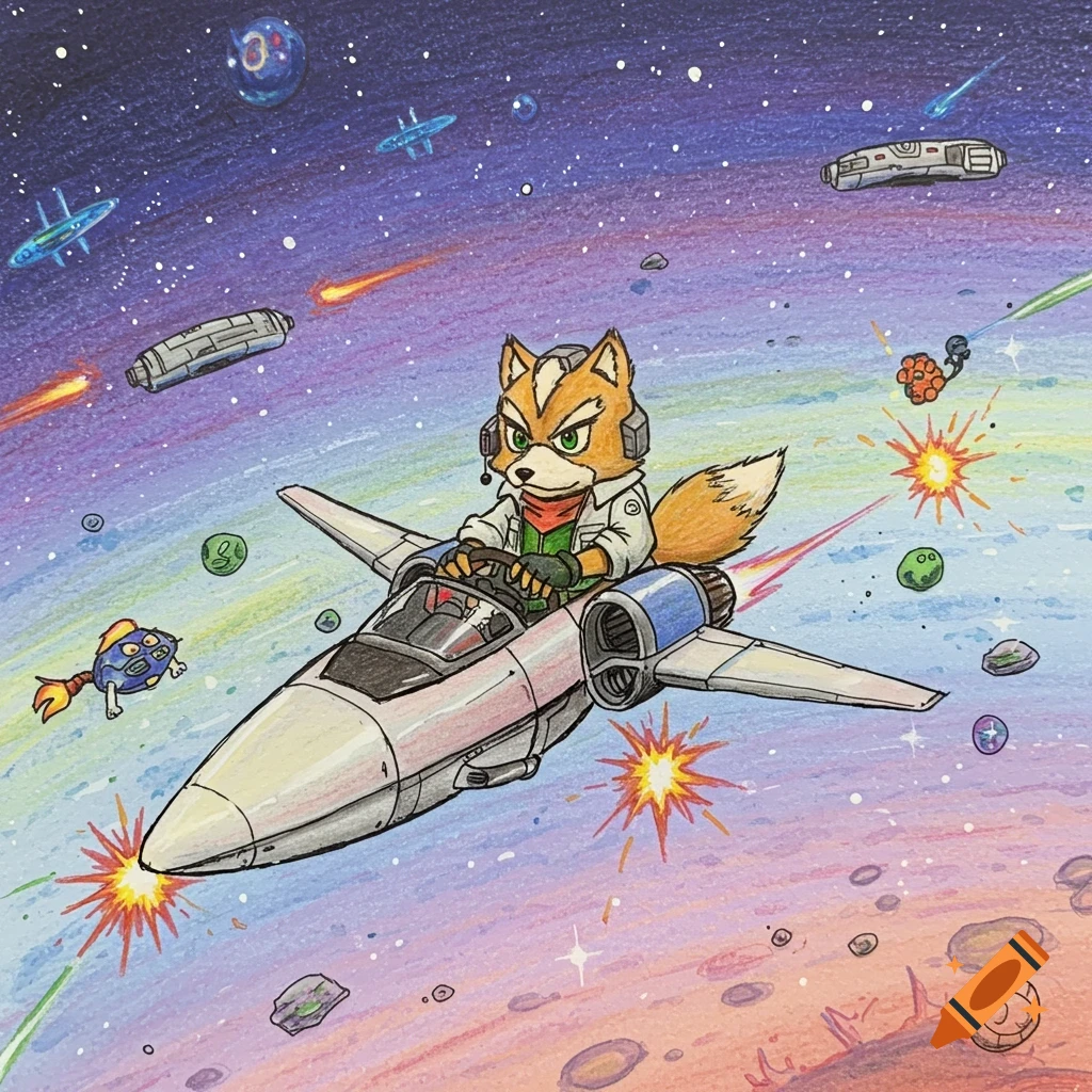 Starfox for SNES drawn with pencil crayon on Craiyon