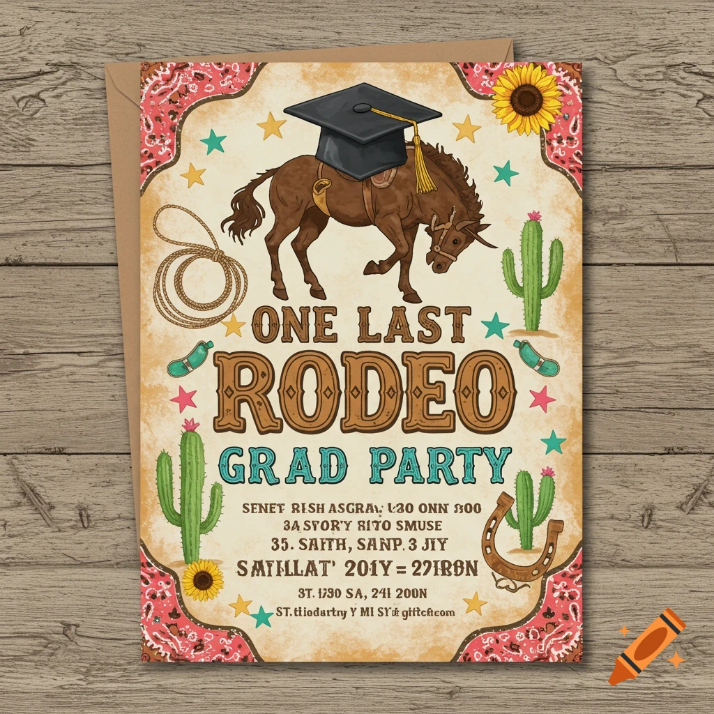 Graduation invitation with a 'one last rodeo' theme on Craiyon