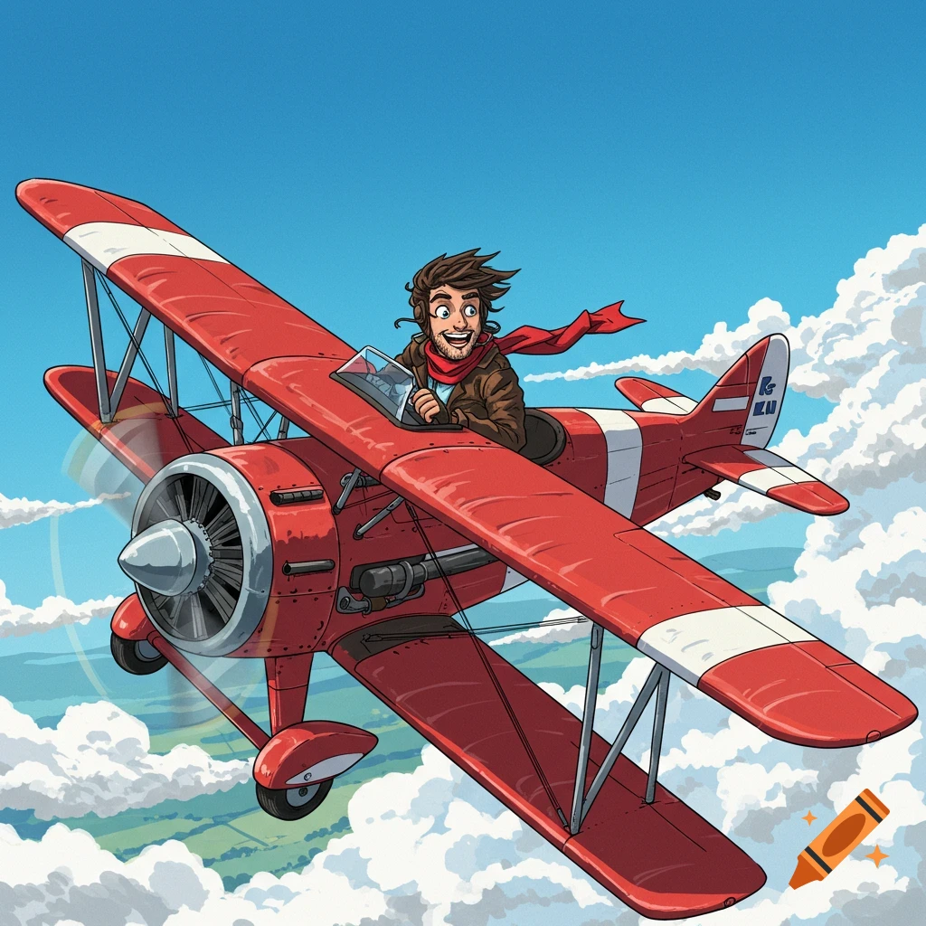 Illustration of a man flying a red biplane through clouds. on Craiyon