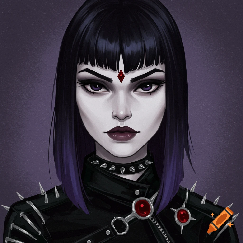 Portrait of a woman with black hair, purple eyes, dark makeup, and a ...