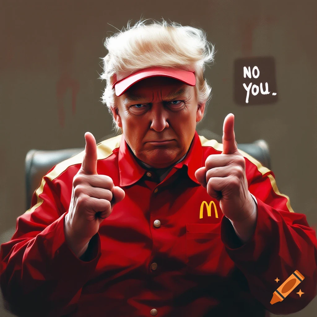 Donald Trump in McDonald's uniform giving middle fingers on Craiyon