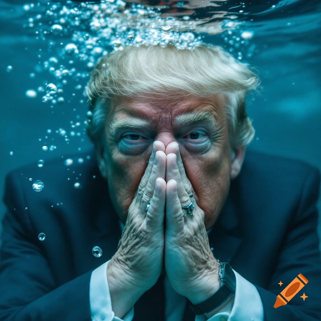 A man resembling Donald Trump covers his face underwater, surrounded by ...