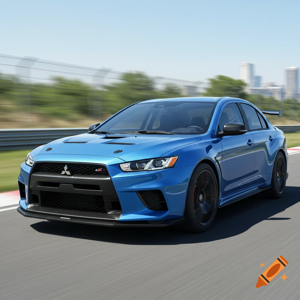 A blue Mitsubishi Lancer Evolution X drives on a paved road through a mountainous forest on a ...