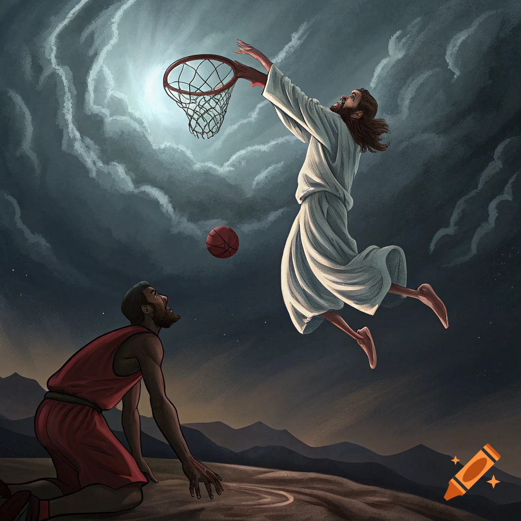 Illustration of Jesus dunking a basketball over an opponent player at ...