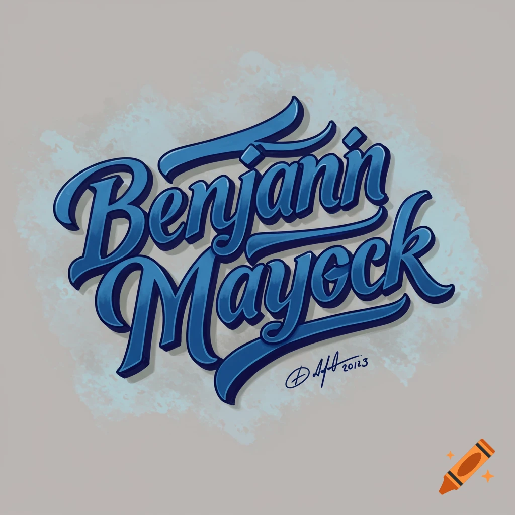 Digital illustration of the name Benjamin Mayock in blue script ...