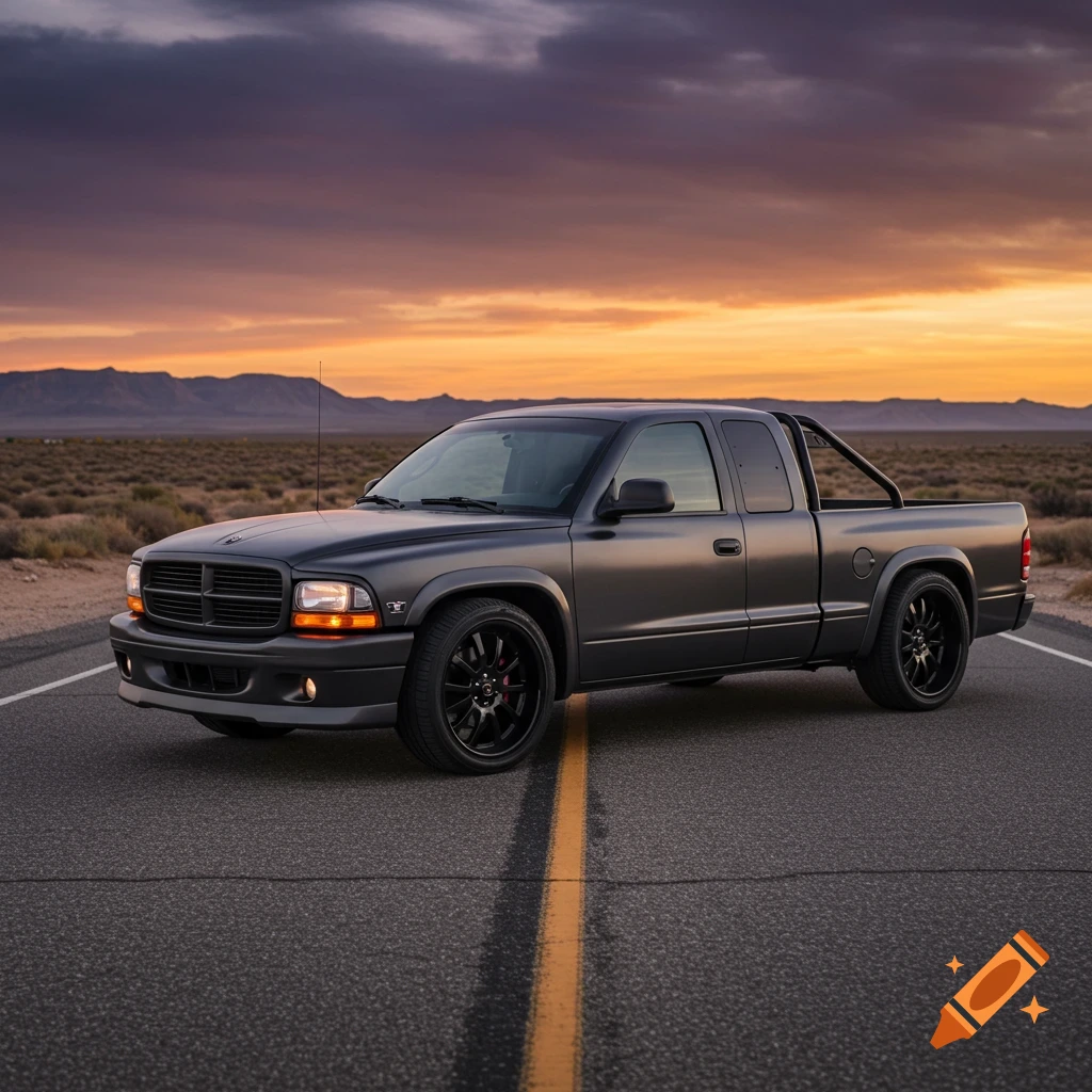 A satin grey Dodge Dakota truck parked on a road in the desert at ...