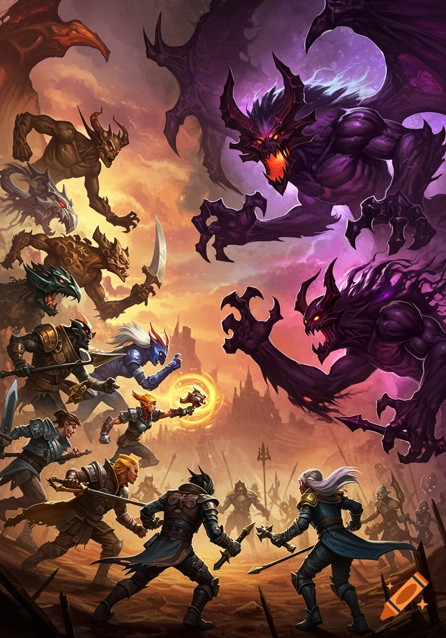 A grand fantasy battle unfolds between human heroes and an army of ...