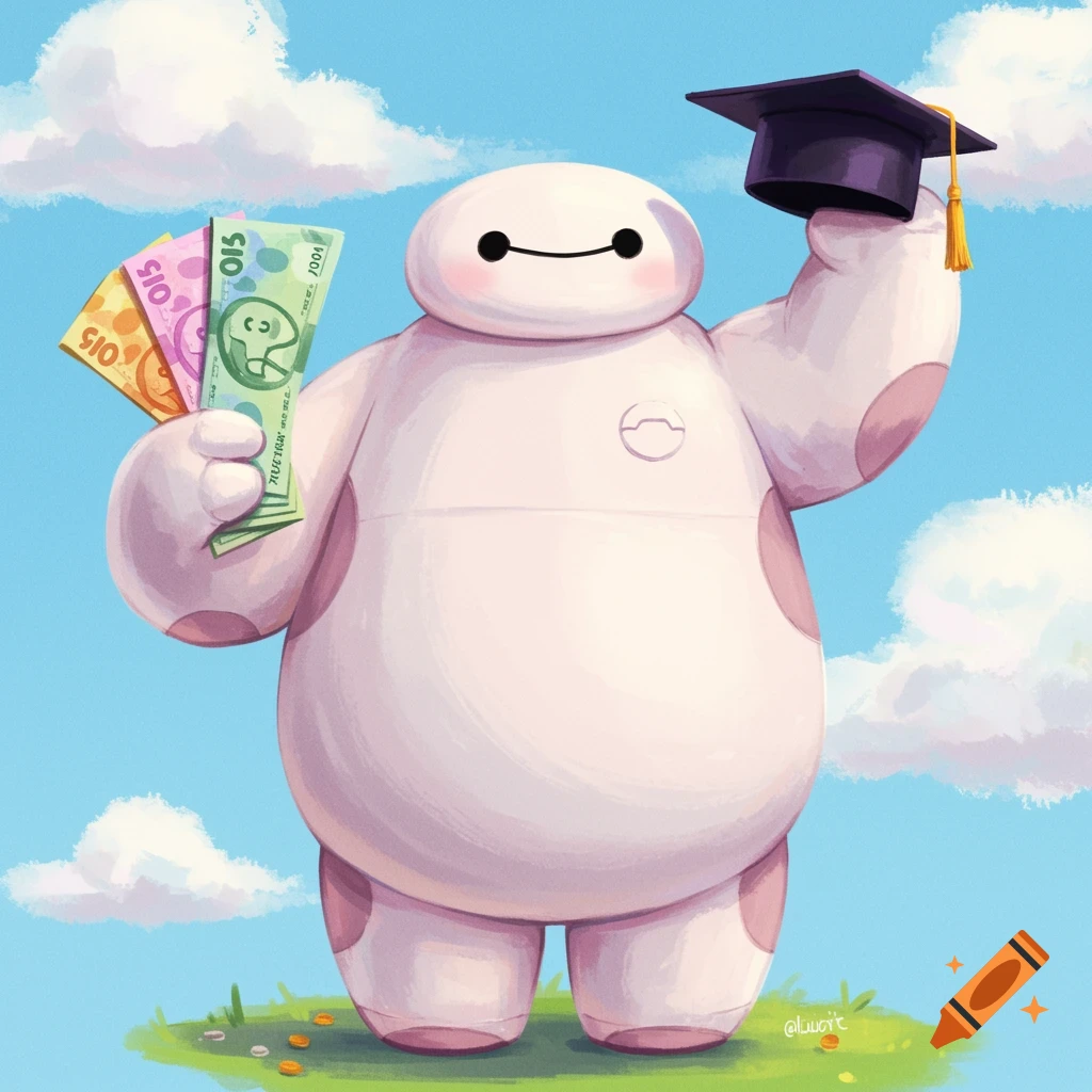 Cartoon Baymax-like robot holds colorful money bills and a graduation cap against a blue sky. on ...