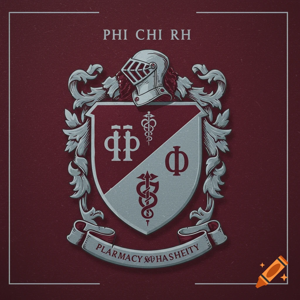 Phi Chi Rho logo, coat of arms, maroon and ice grey on Craiyon