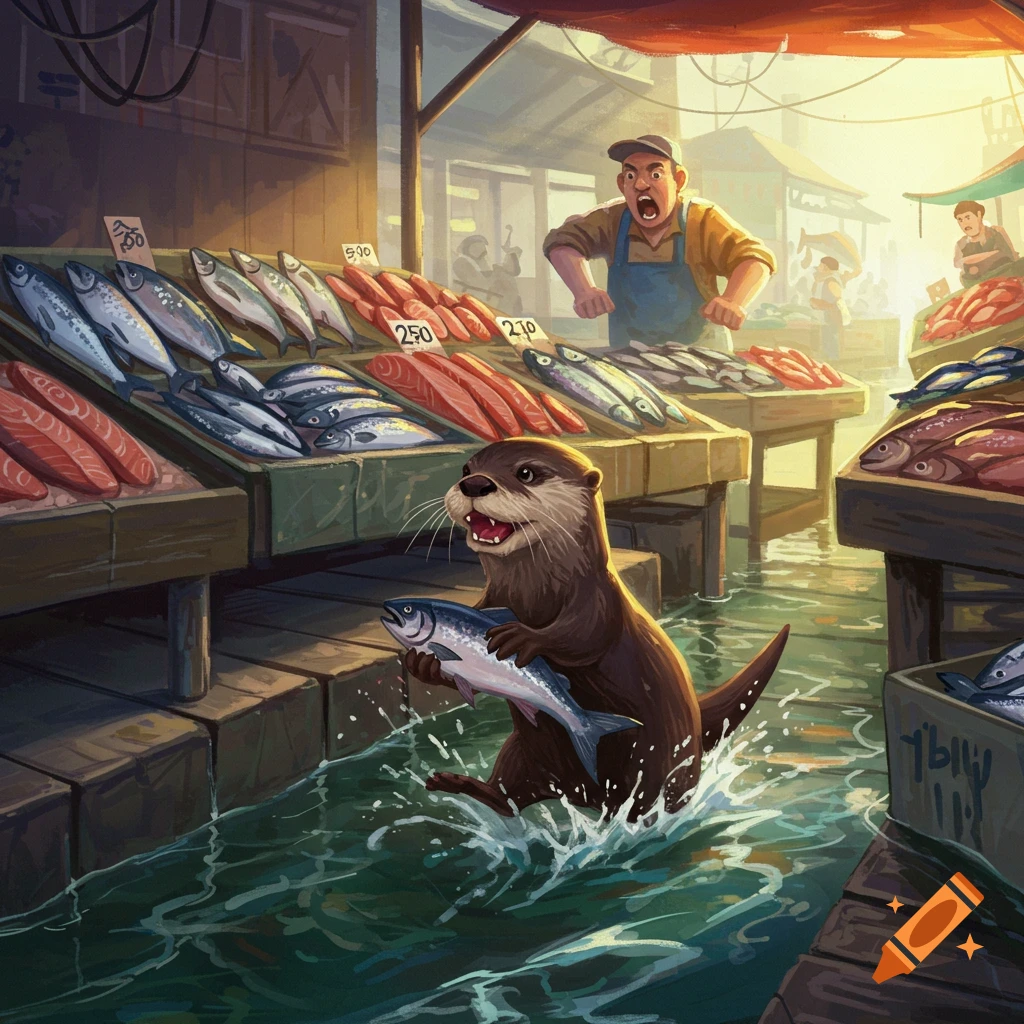 Otter stealing fish from market on Craiyon