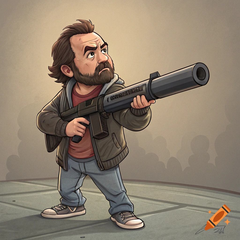 Joe Rogan as a tiny guy with a big gun on Craiyon