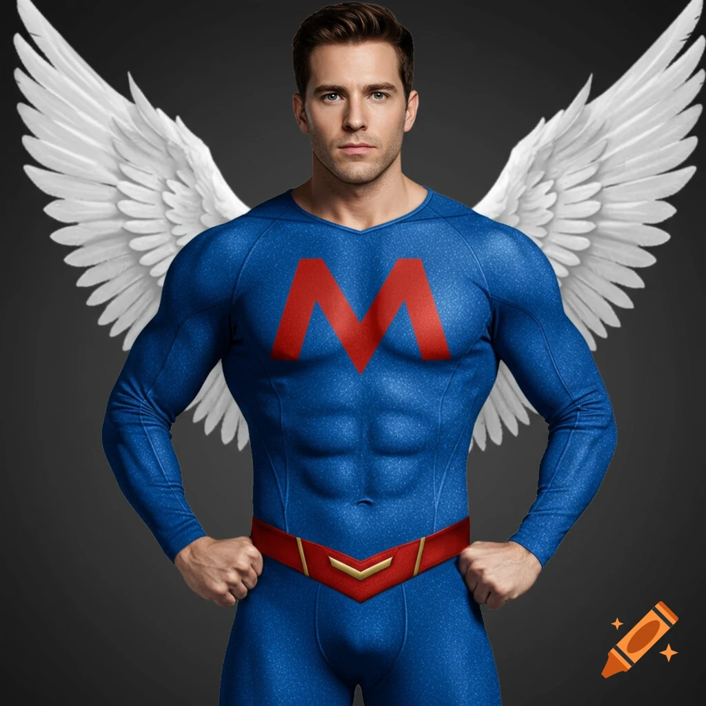 Muscled man in blue superhero suit with wings on Craiyon