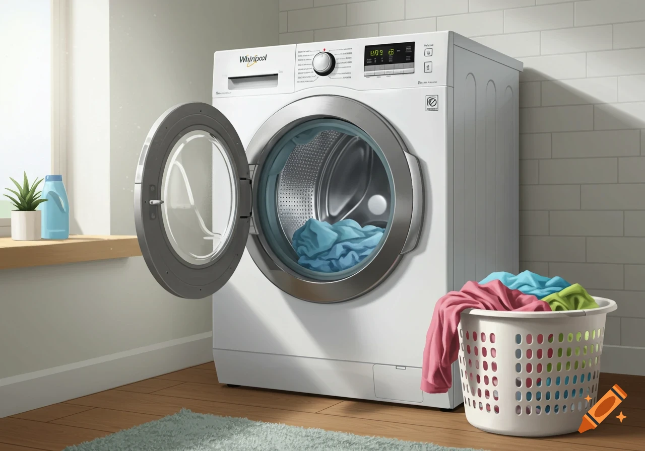 An open washing machine with clothes inside and a laundry basket nearby ...