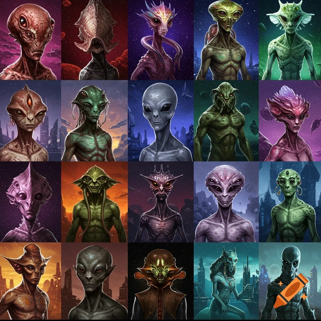 Grid of diverse alien portraits. on Craiyon