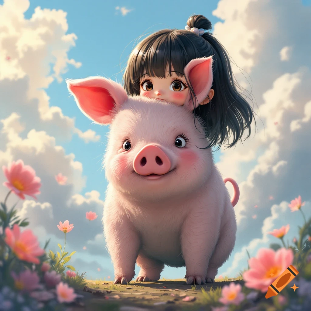 Anime movie poster of a girl turning into a pig named Babuy on Craiyon