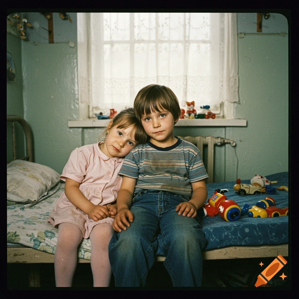 Russian boy with siblings in orphanage, 90s Kodak photo on Craiyon