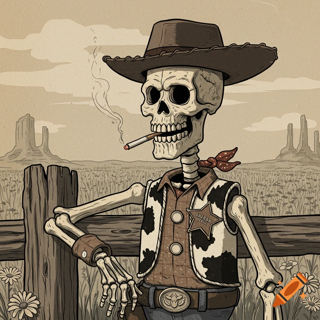 Cartoon illustration of a skeleton crucified on a cross with doves ...