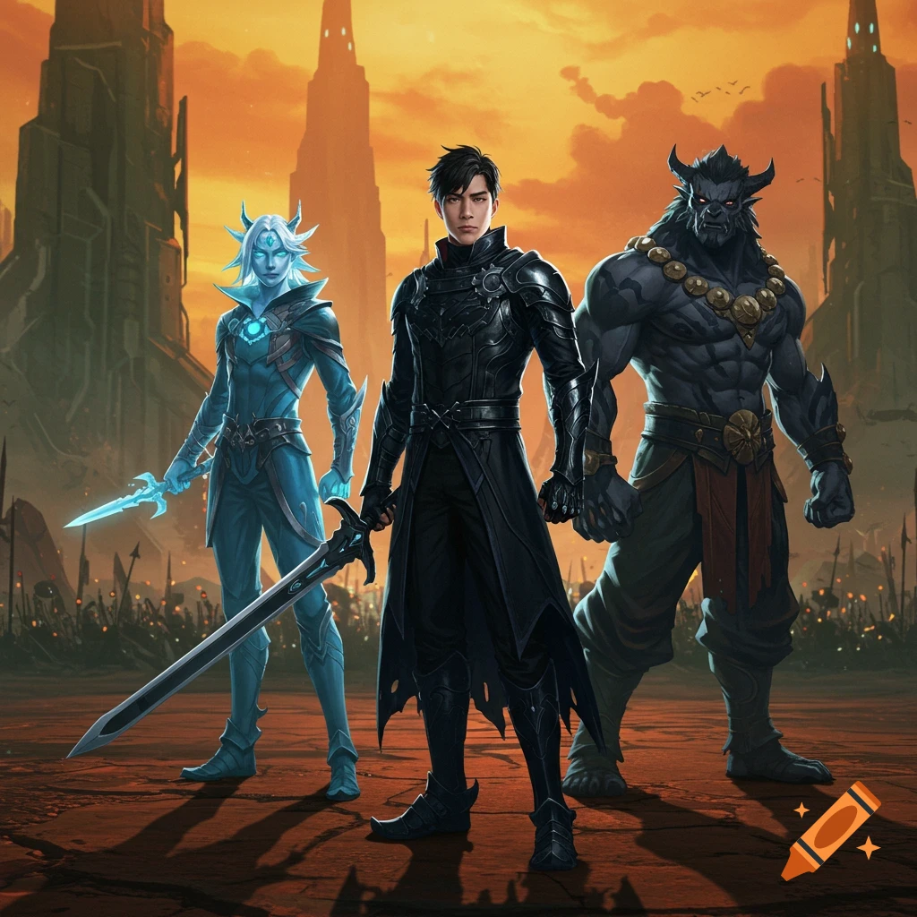 Three fantasy characters stand in a desolate landscape with large ...