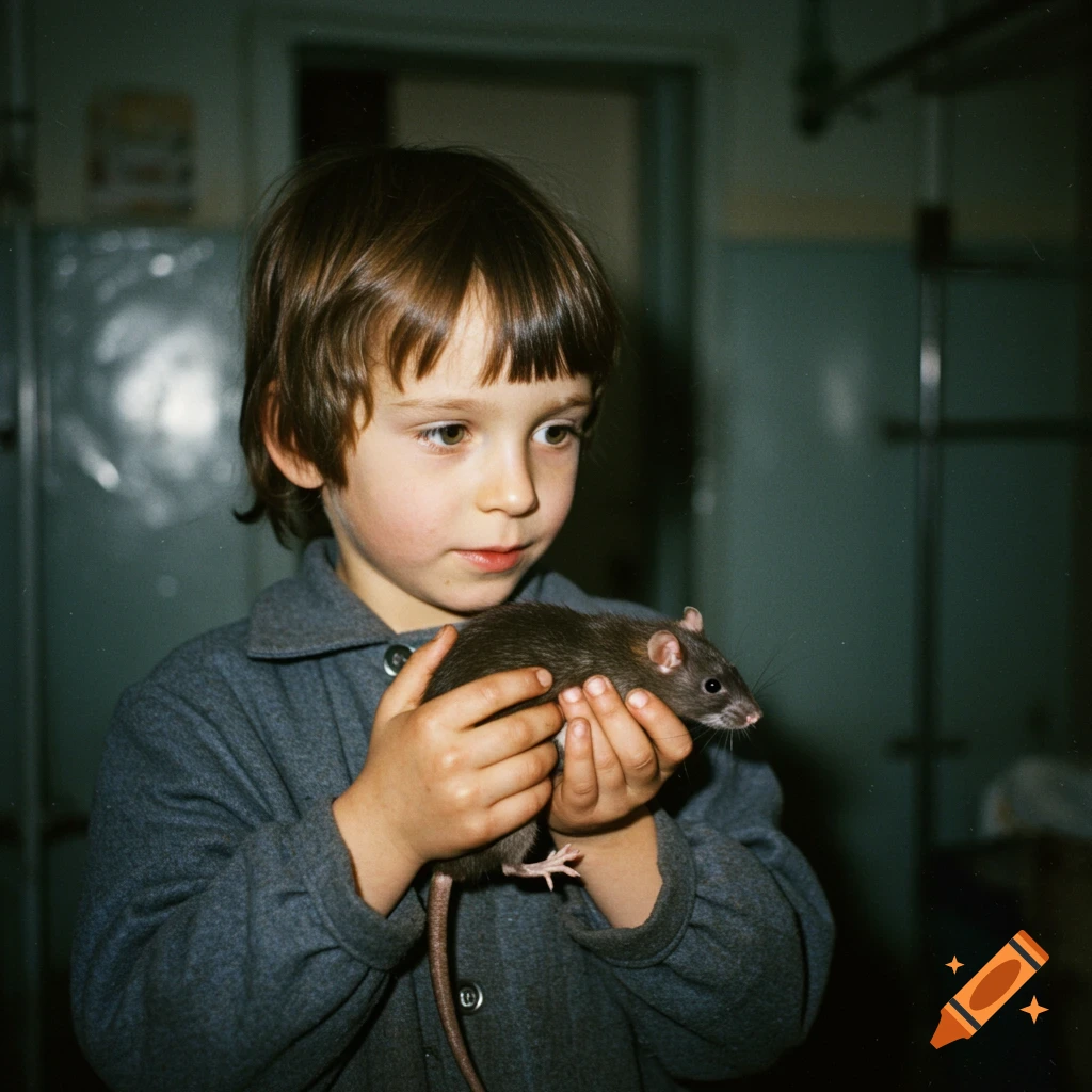 Russian boy holding a rat in orphanage, 90s Kodak photo on Craiyon