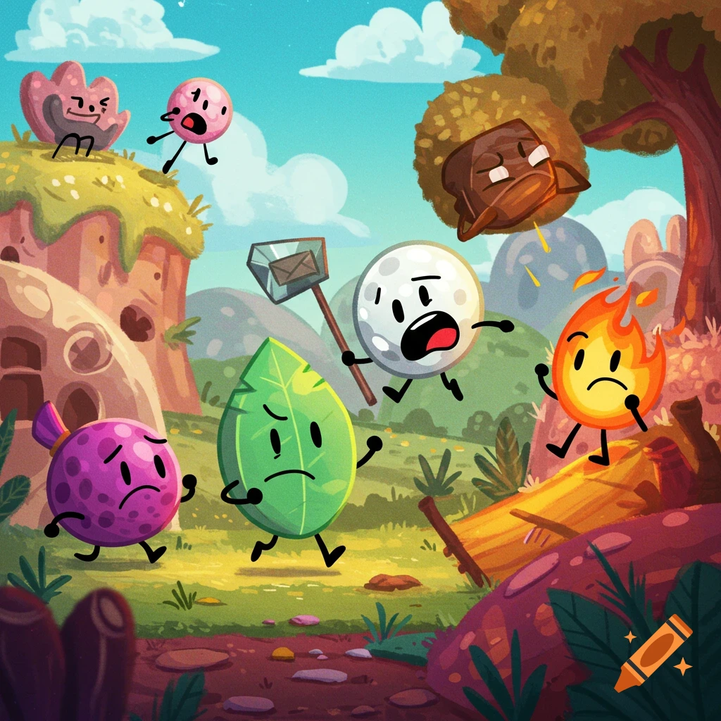 Battle For Dream Island characters on a floating platform in a stadium ...