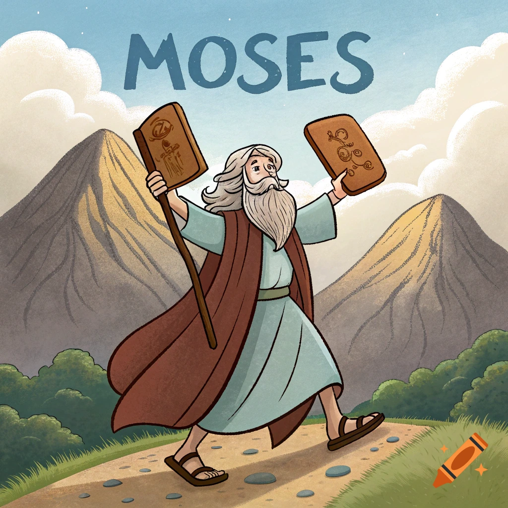 Cartoon depiction of Moses holding the Ten Commandments tablets in a mountainous landscape, with ...