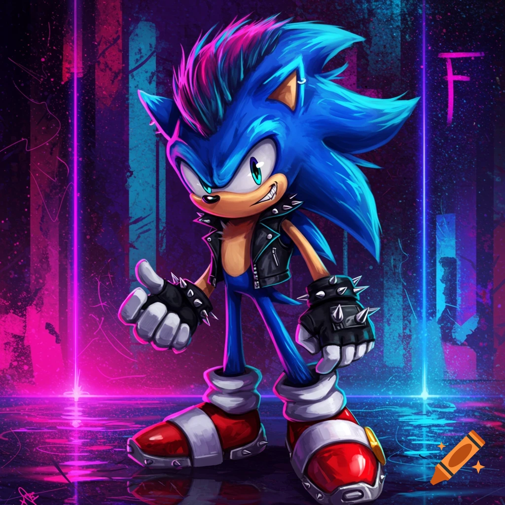 Sonic the Hedgehog in a leather jacket stands in a neon city street. on ...