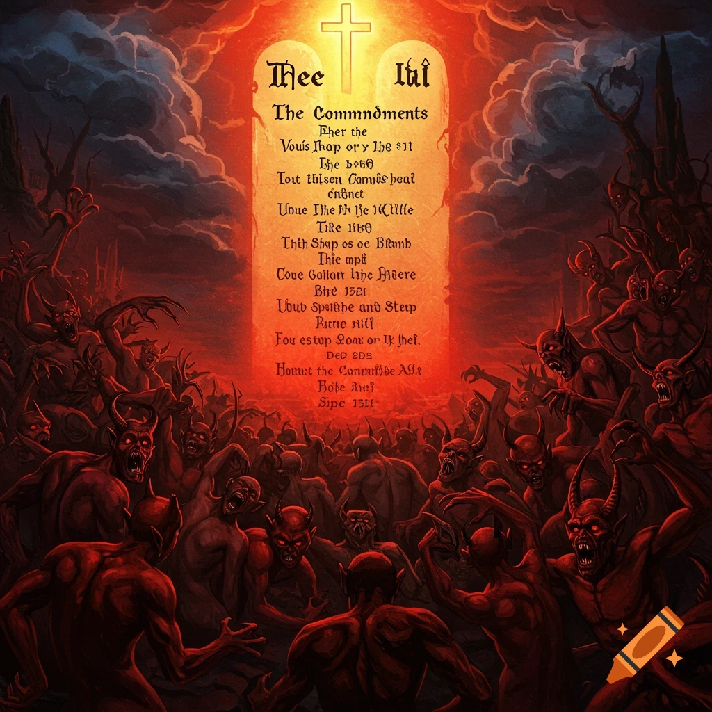 Ten Commandments surrounded by devils and demons on Craiyon