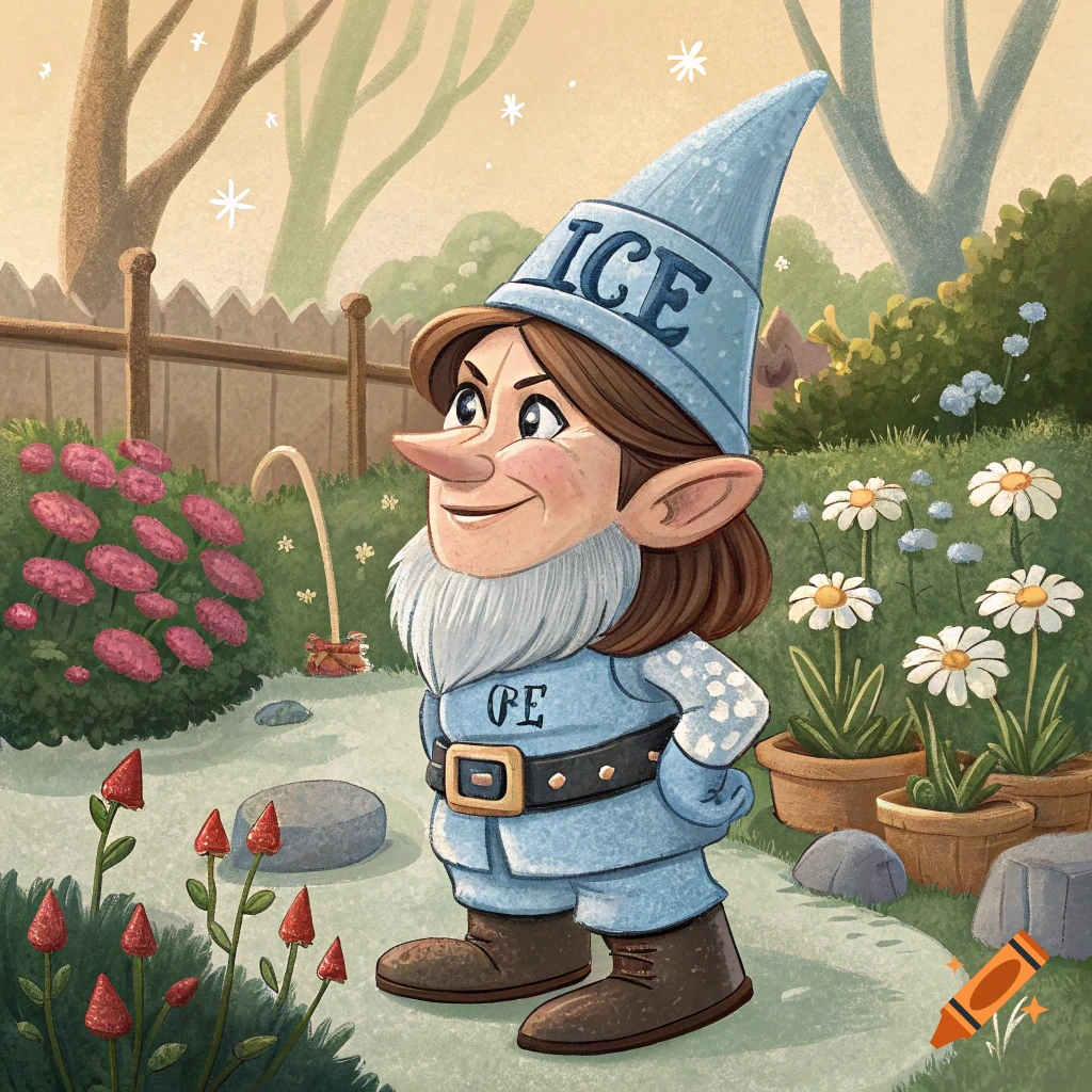 A cartoon illustration of a garden gnome in a garden wearing a blue hat ...