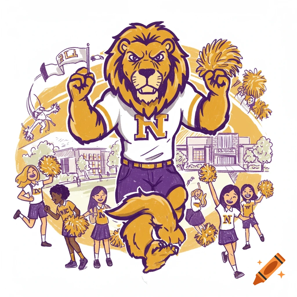 Detailed drawing of school spirit in purple and yellow colors on Craiyon
