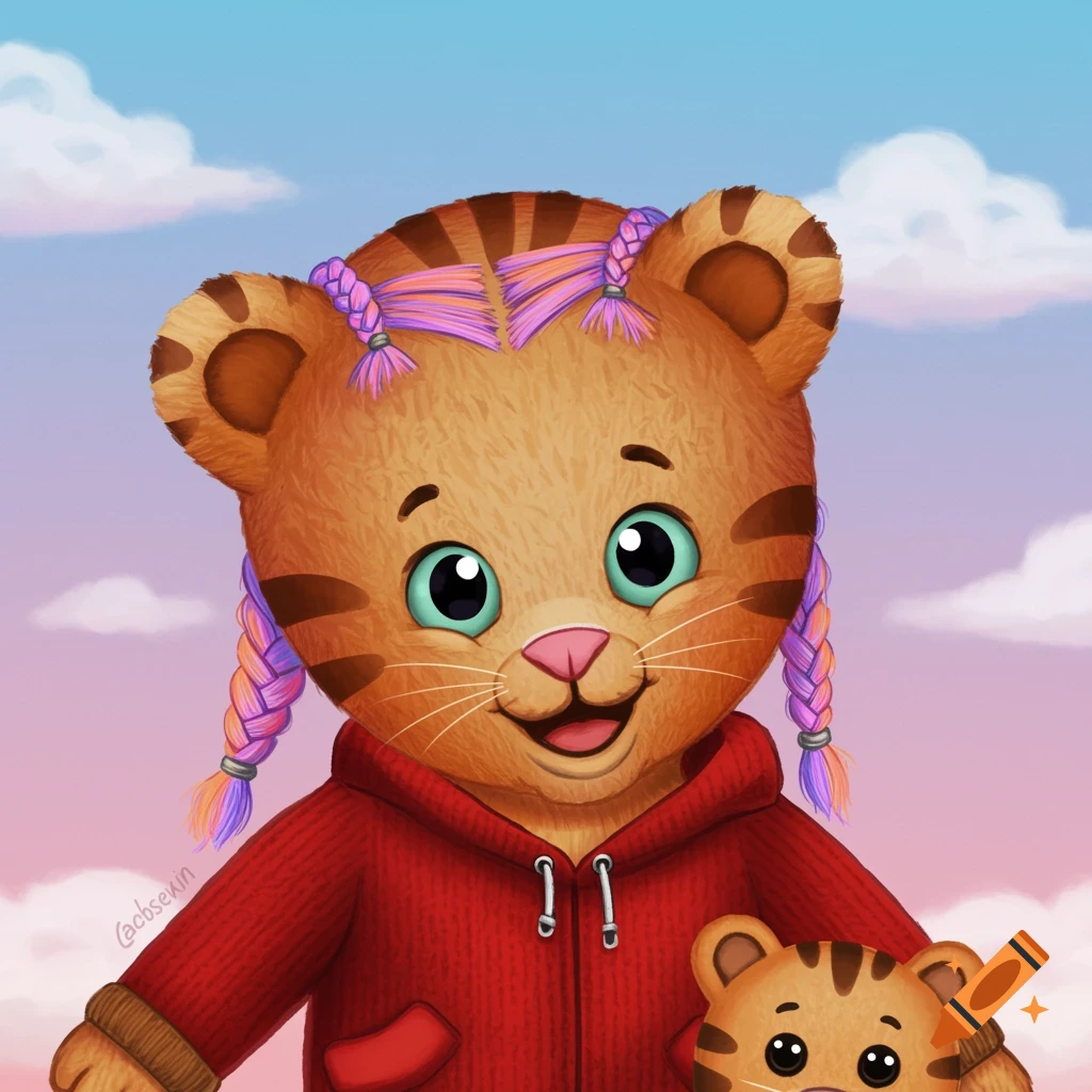 Daniel Tiger in a red hoodie with colorful braids holds a small stuffed ...