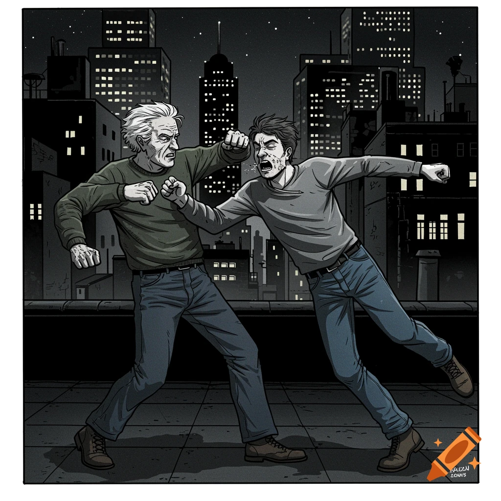 Comic book illustration of two men fighting on a rooftop at night. on ...