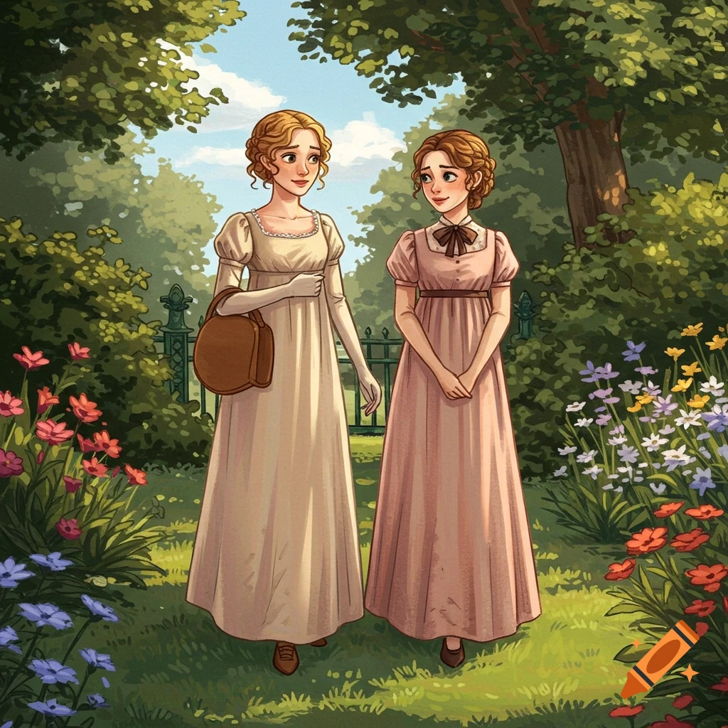 Emma Woodhouse and Harriet Smith in a garden on Craiyon