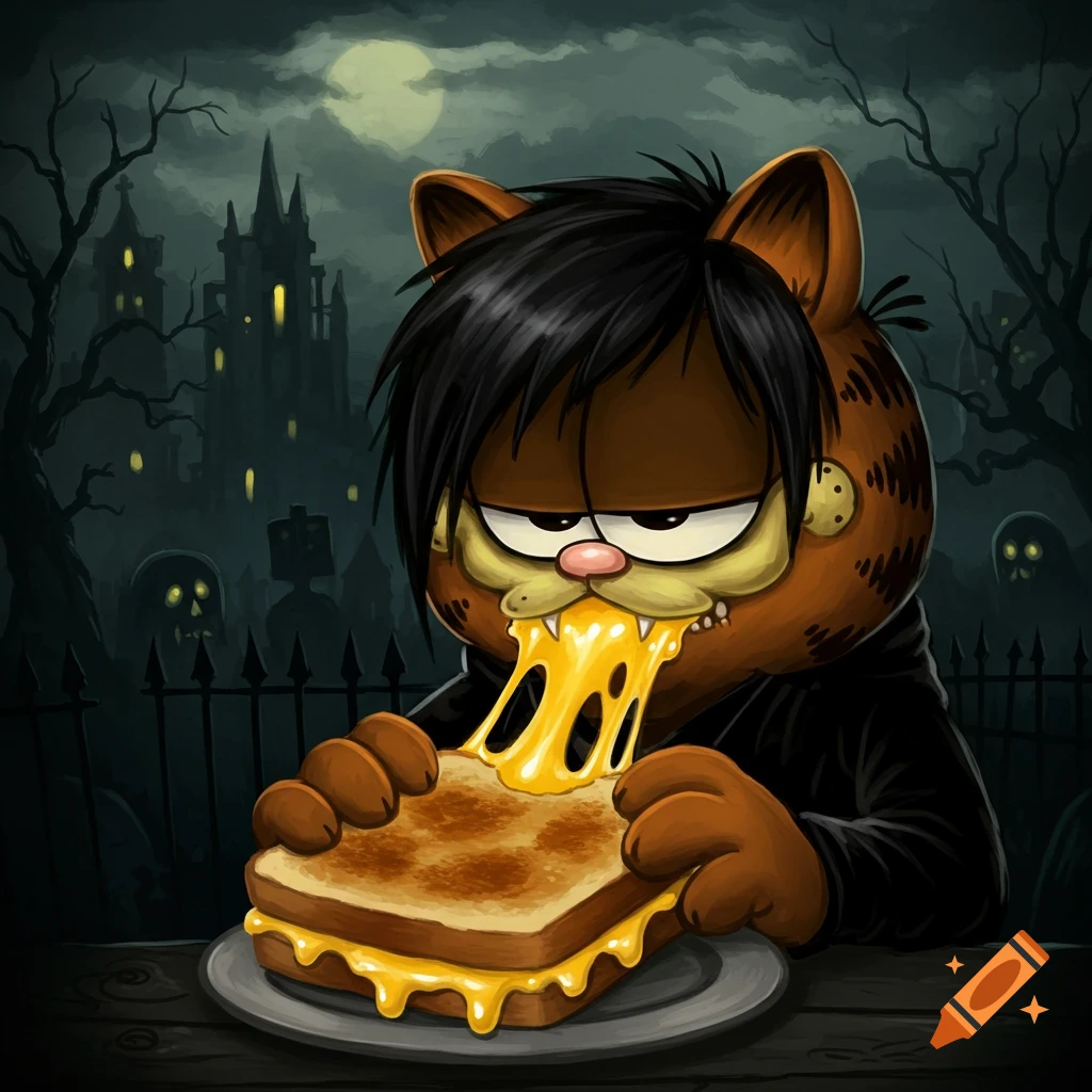 Goth Garfield eating gooey grilled cheese in a spooky graveyard with a ...