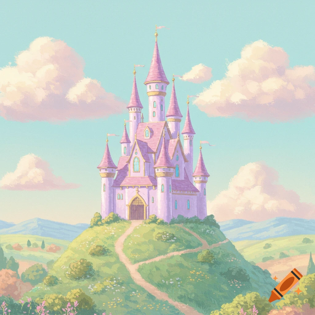 Pastel pink fairytale castle on a hill with pink clouds in a painted ...