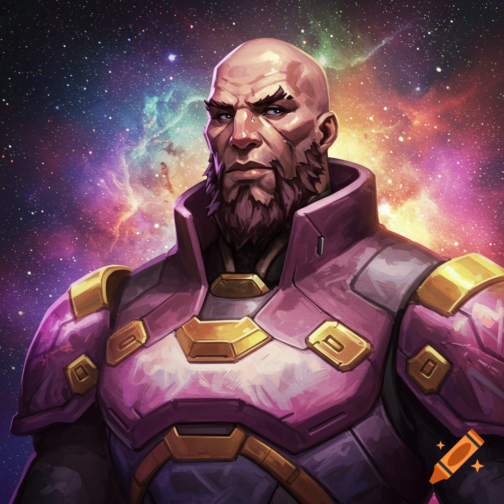 Painting of a bald man in purple and gold sci-fi armor against a ...