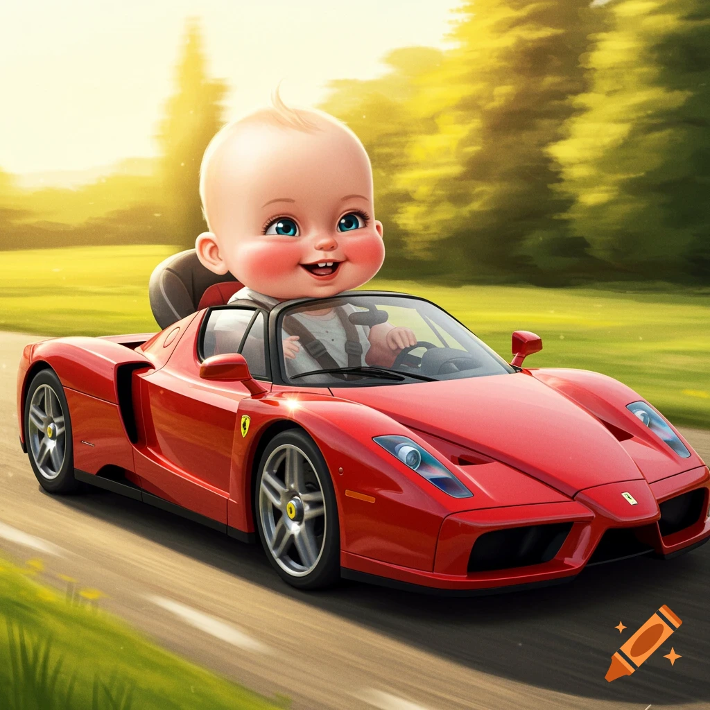 Baby driving a red Ferrari on Craiyon