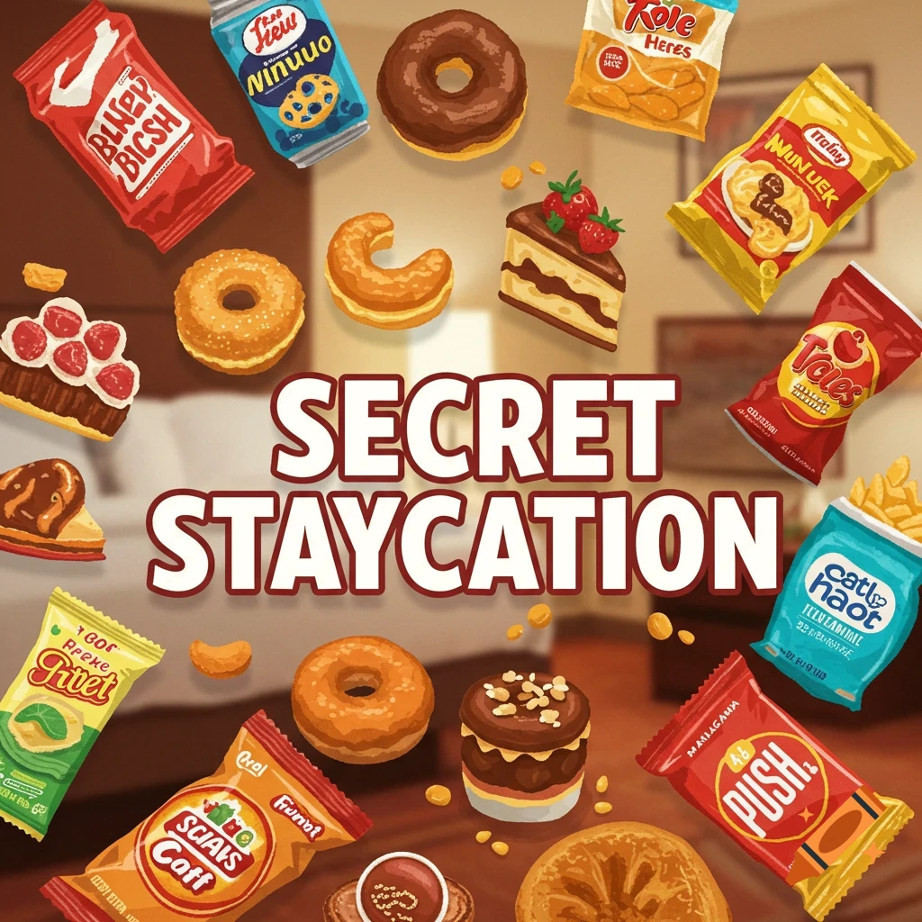 Various snacks like donuts, chips, and pastries surrounding the text ...