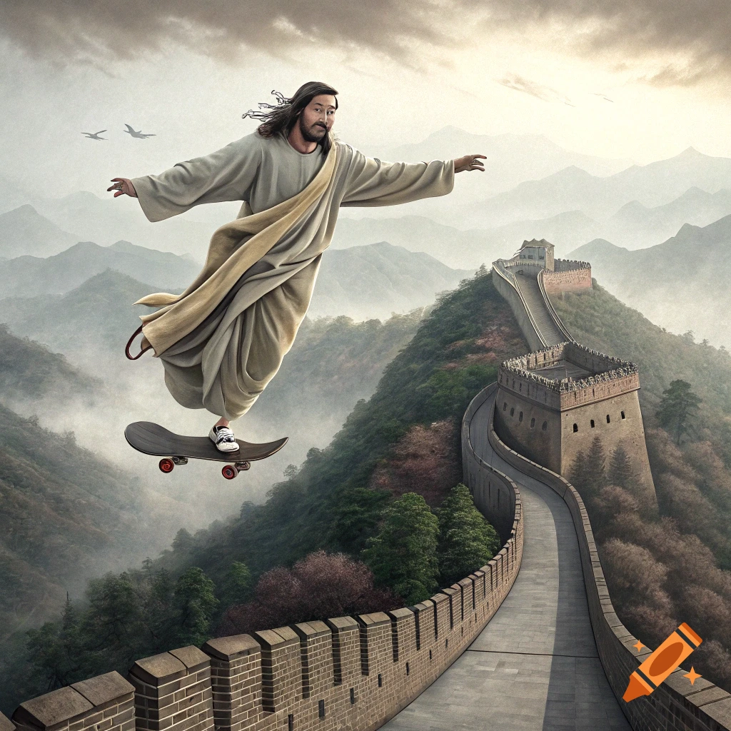 Futuristic colorful warplanes flying over sinkhole affecting Great Wall ...