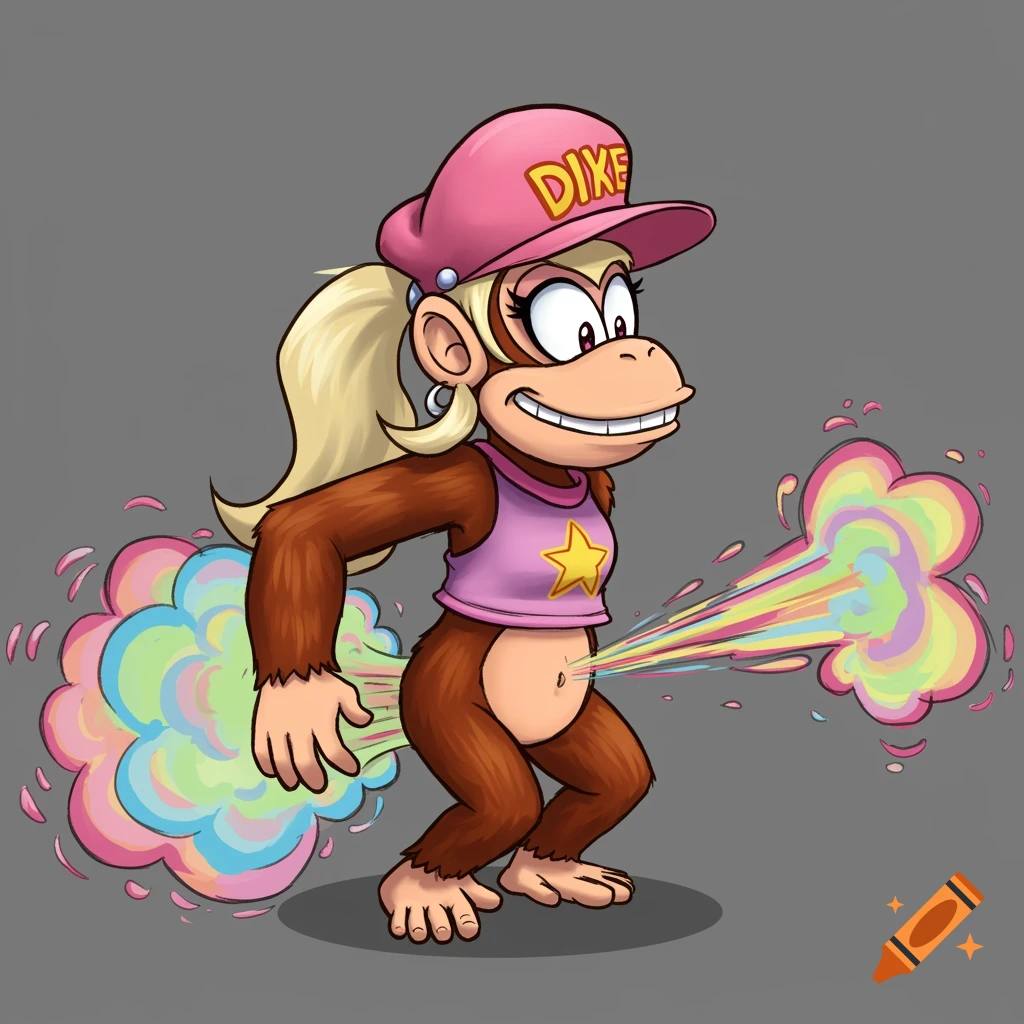 Cartoon illustration of Dixie Kong from Donkey Kong farting rainbow colored gas. on Craiyon