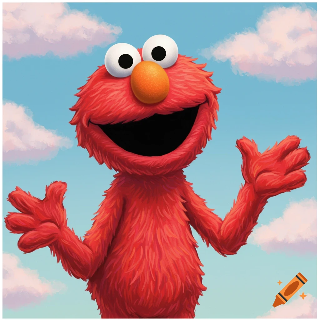 Elmo screams with joy on a rocky mountain peak at sunset, with a ...