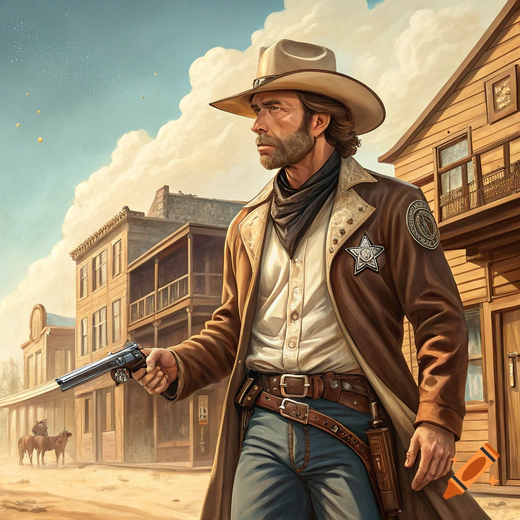 A figure in a cowboy hat and long coat wearing a gas mask walks down a ...