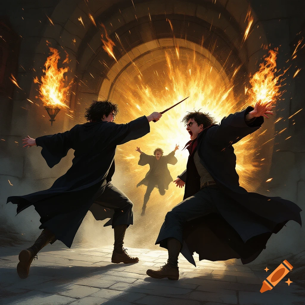 James Potter and Sirius Black breaking down Hogwarts doors on Craiyon