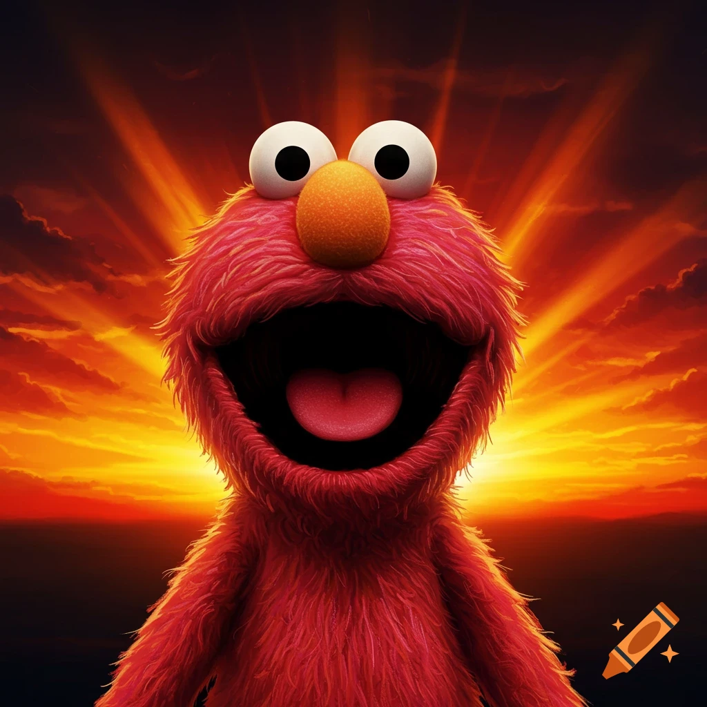 Elmo screaming against a colorful sunrise sky, digital art. on Craiyon