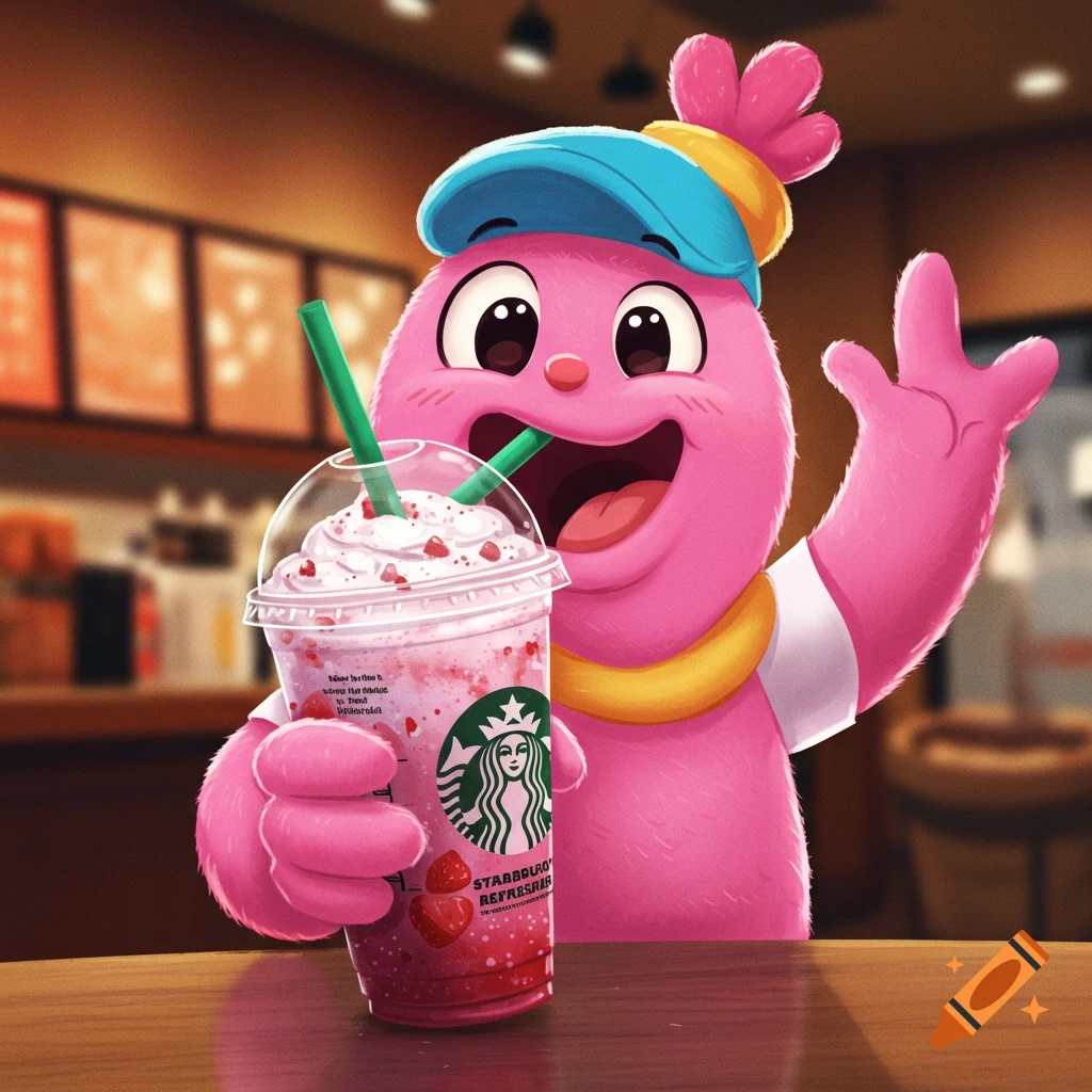 La boo-boo drinking a Venti strawberry acai from Starbucks on Craiyon