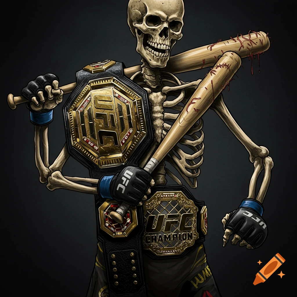 A skeleton holding a UFC champion belt and a bloody baseball bat ...