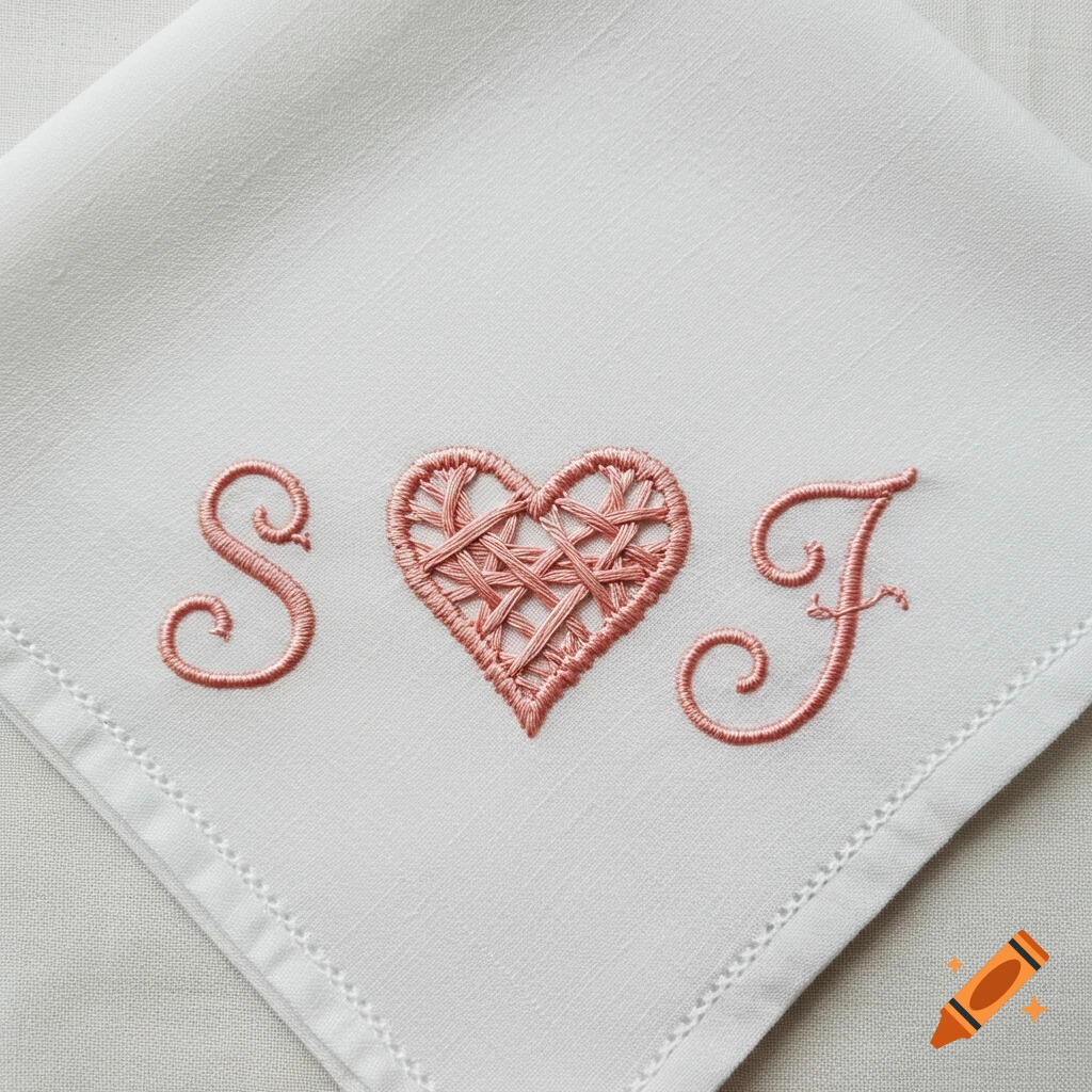 Pink embroidered initials S and J with a heart on a white handkerchief ...