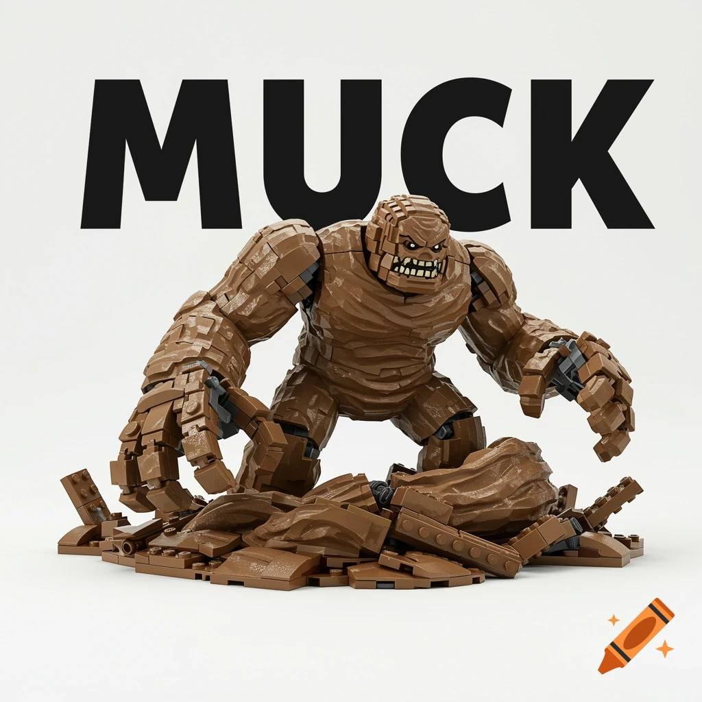 Studio shot of a Lego Clayface figure surrounded by brown bricks below ...