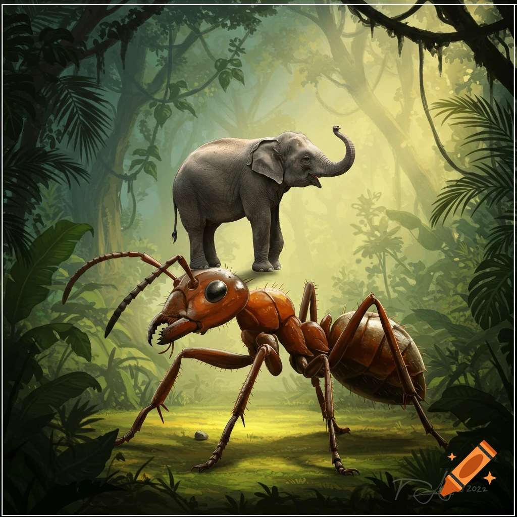 Elephant riding an ant illustration for kids' book concept art or ...