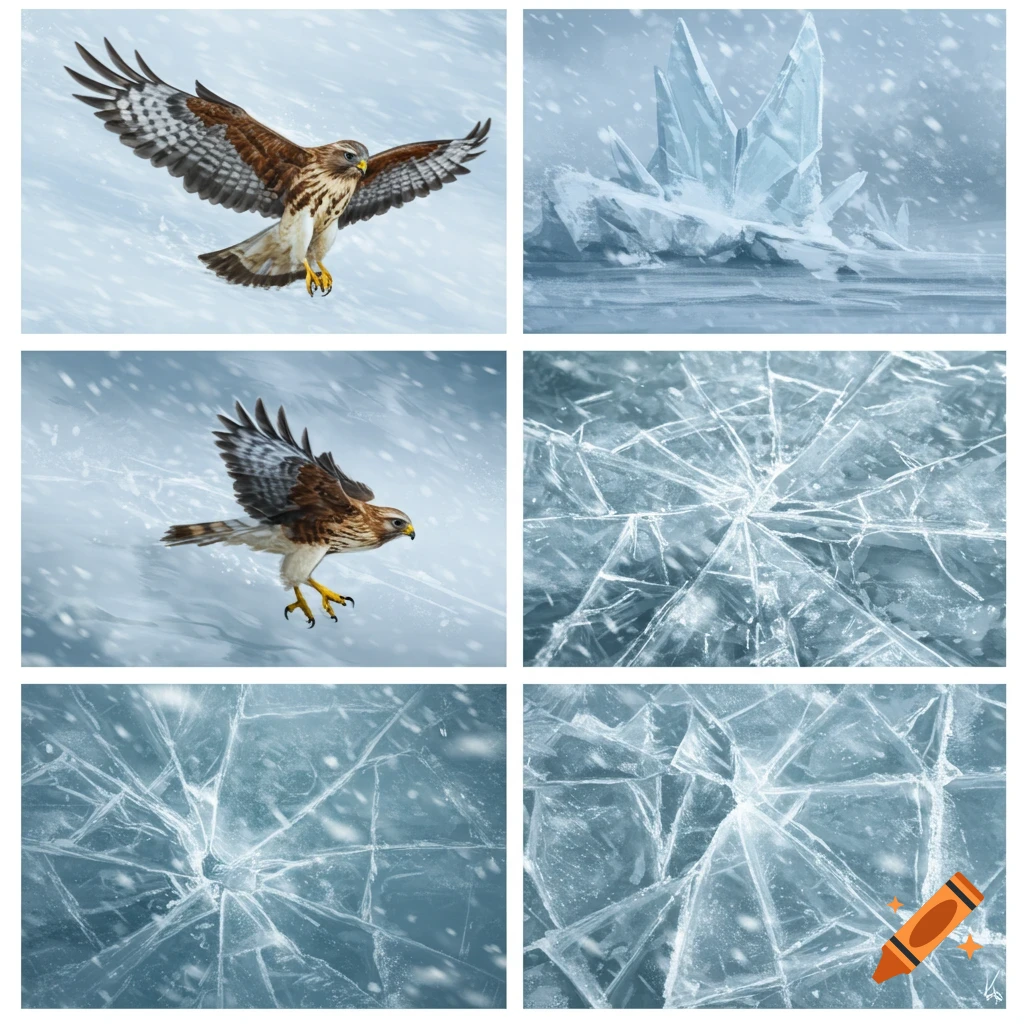 Grid featuring hawks flying in snow and close-ups of cracked ice. on ...